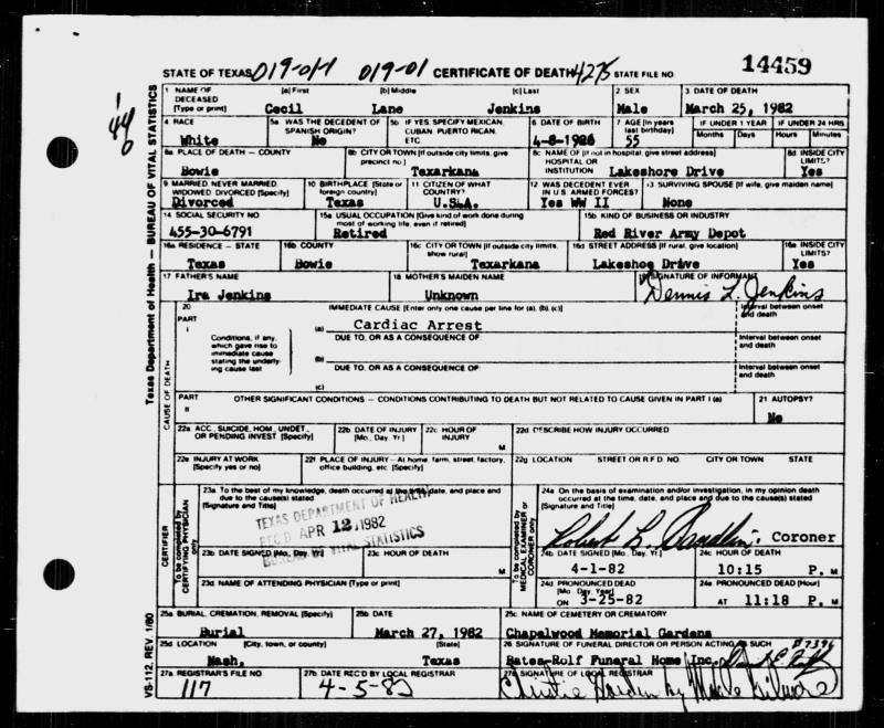 Texas, Death Certificates, 1903-1982
