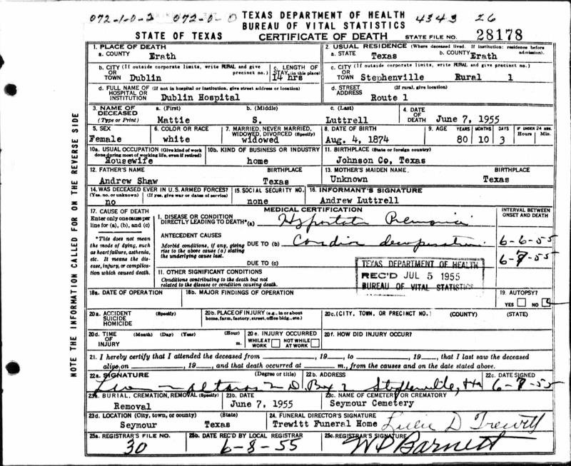 Texas, Death Certificates, 1903-1982