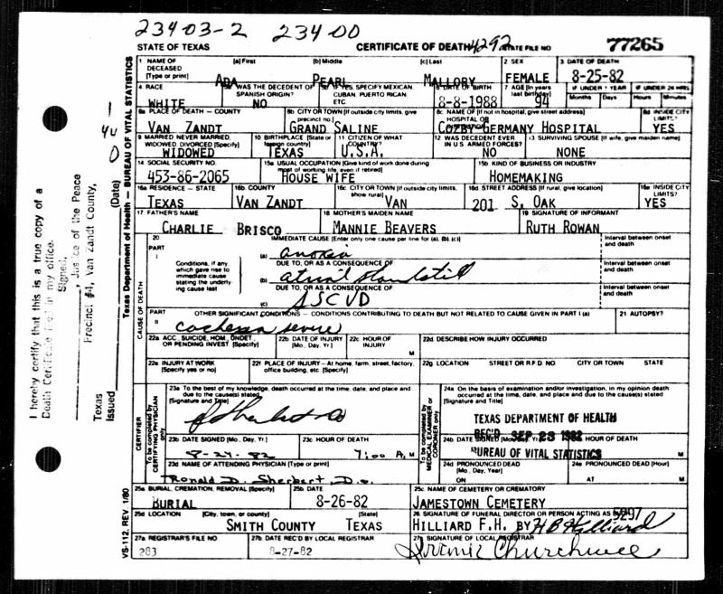 Texas, Death Certificates, 1903-1982